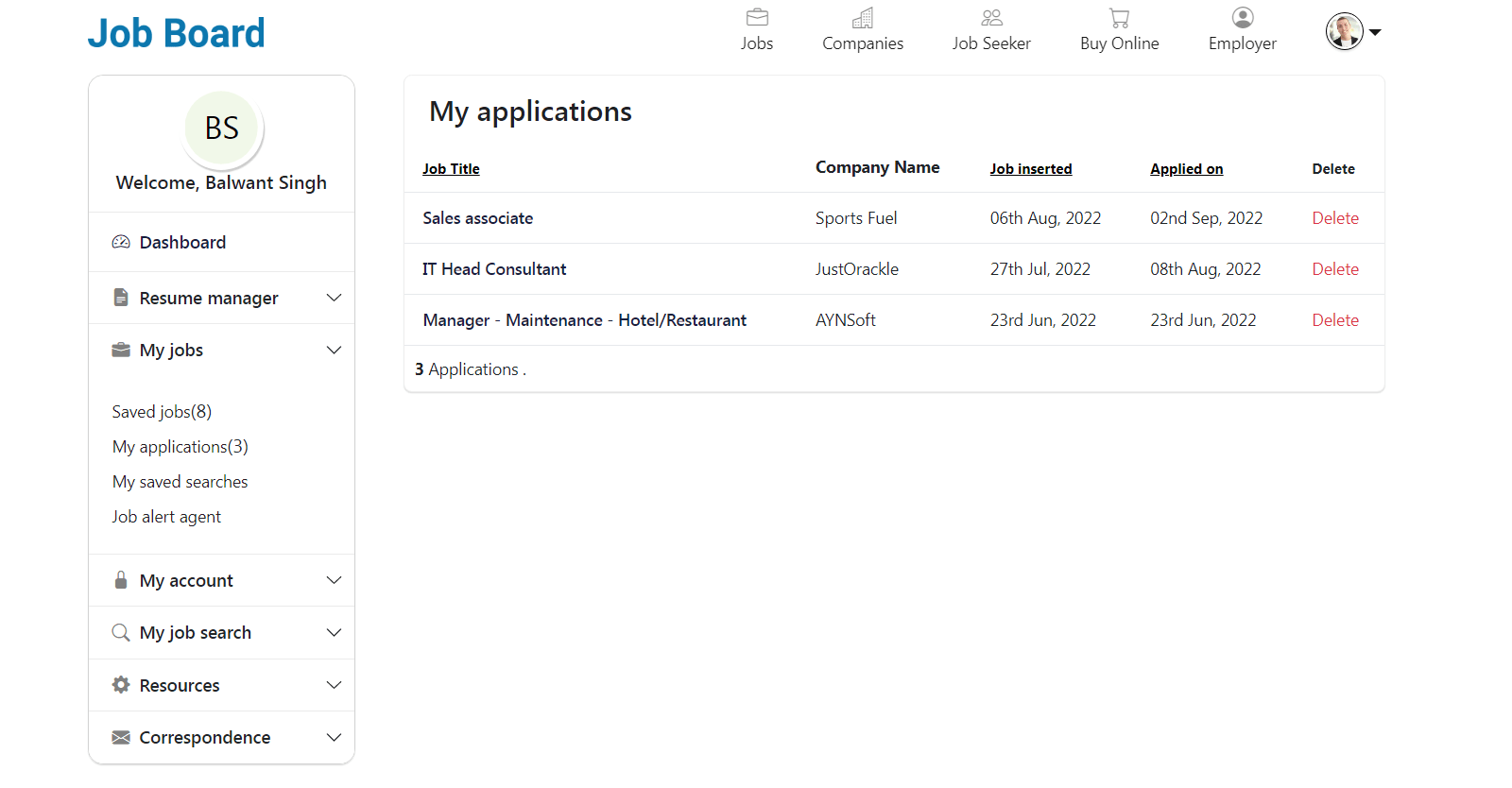 My Applications – Job Board Software