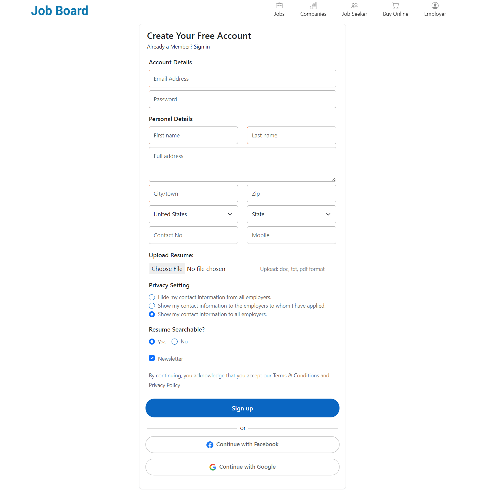 Job Seeker Registration – Job Board Software
