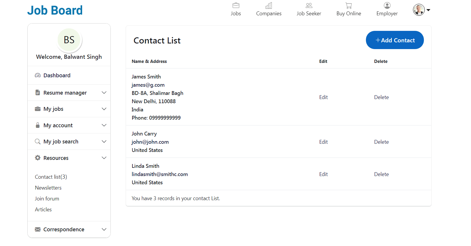 Contact List – Job Board Software